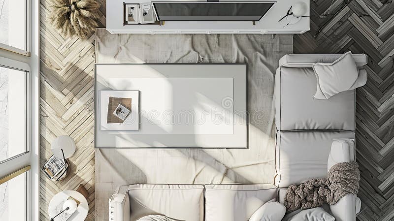 Top View of Living Room with Sofa and Poster Frame on Floor, Mockup ...