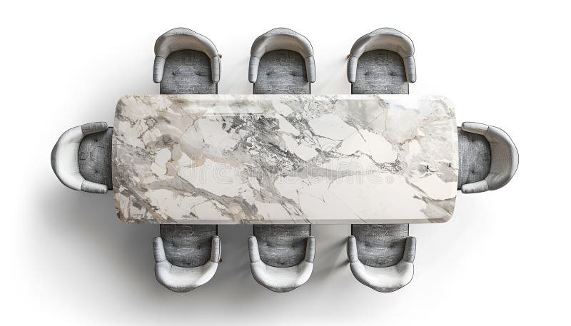 Top View of Long Marble Dining Table with Elegant Chairs Isolated on ...