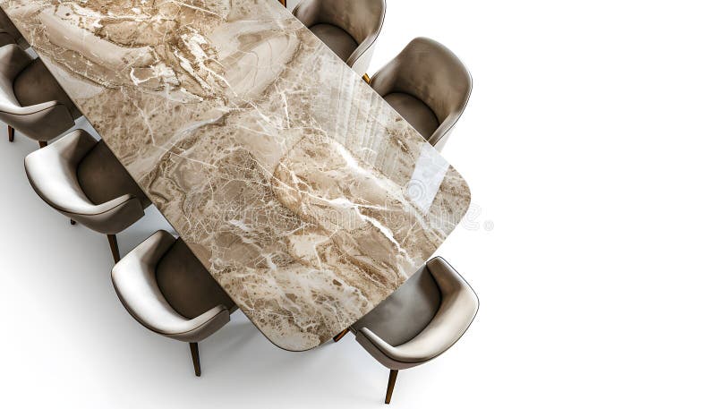 Top View of Long Marble Dining Table with Elegant Chairs Isolated on ...