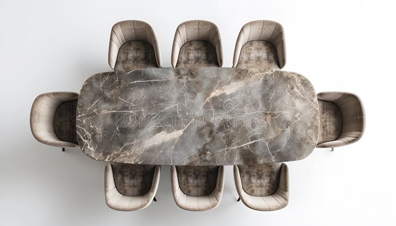 Top View of Long Marble Dining Table with Elegant Chairs Isolated on ...