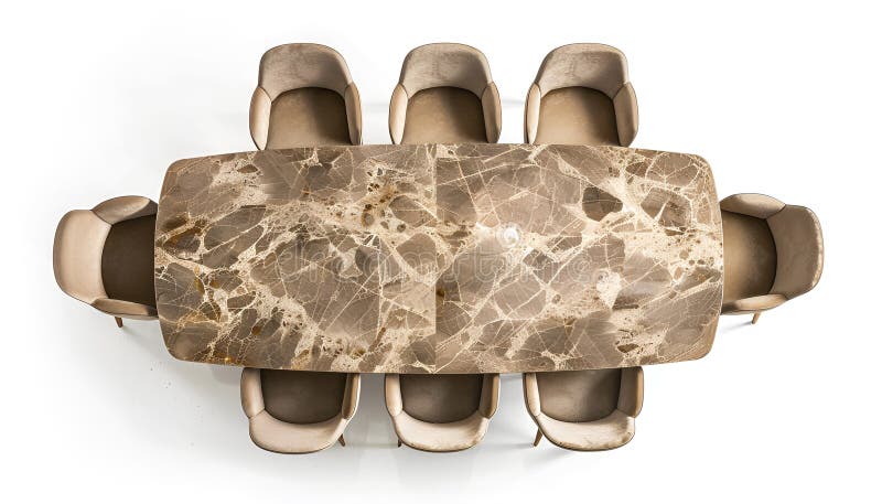 Top View of Long Marble Dining Table with Elegant Chairs Isolated on ...