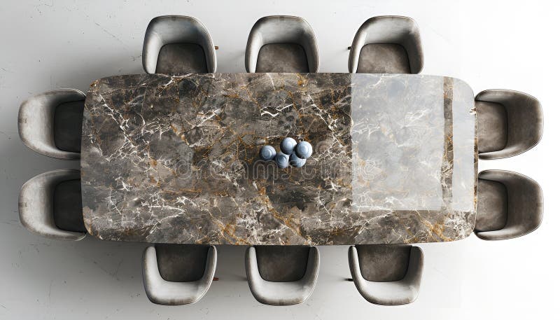 Top View of Long Marble Dining Table with Elegant Chairs Isolated on ...