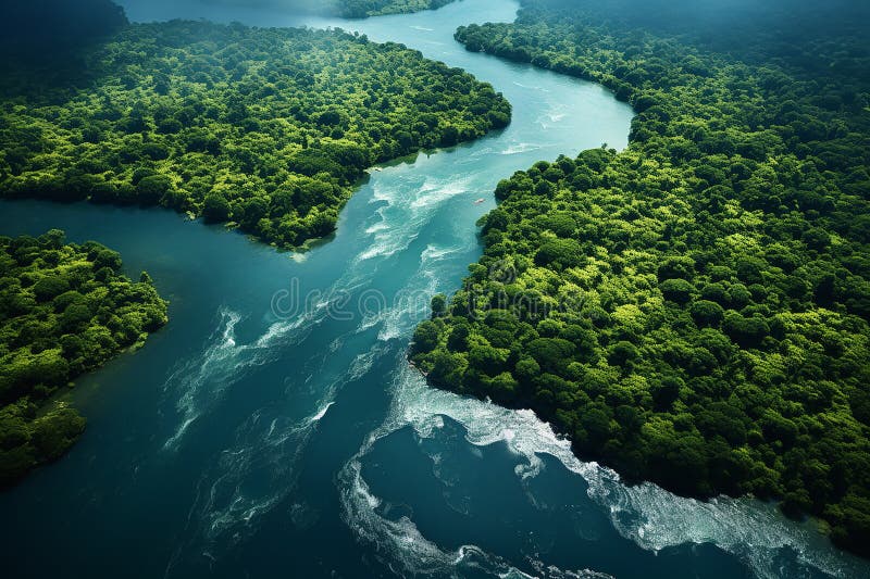 Top View of Long River Surrounded by Dense Green Trees in Forest AI ...