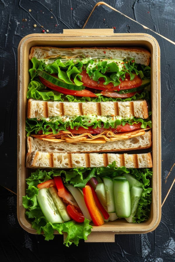 Top View of Lunch Box with Sandwich and Vegetables on White Background ...