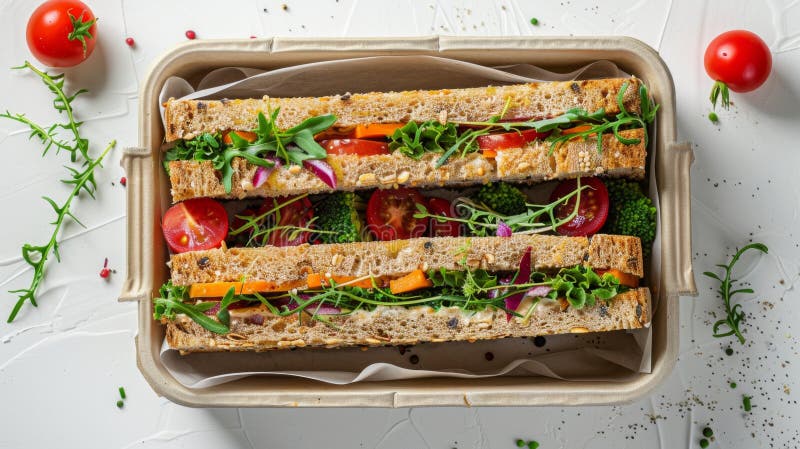 Top View of Lunch Box with Sandwich and Vegetables on White Background ...