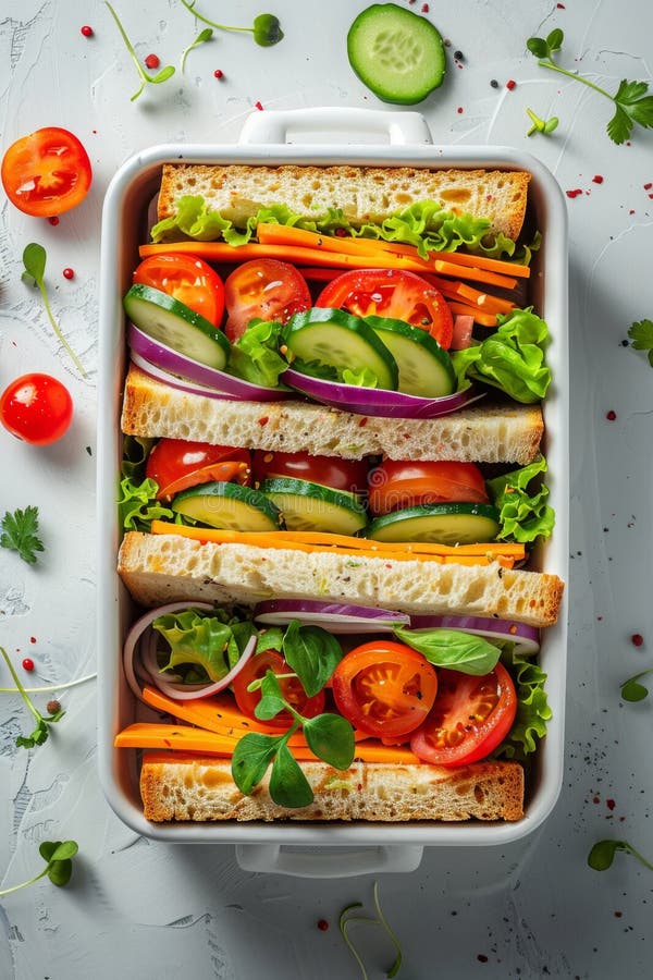 Top View of Lunch Box with Sandwich and Vegetables on White Background ...