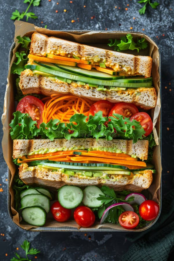 Top View of Lunch Box with Sandwich and Vegetables on White Background ...