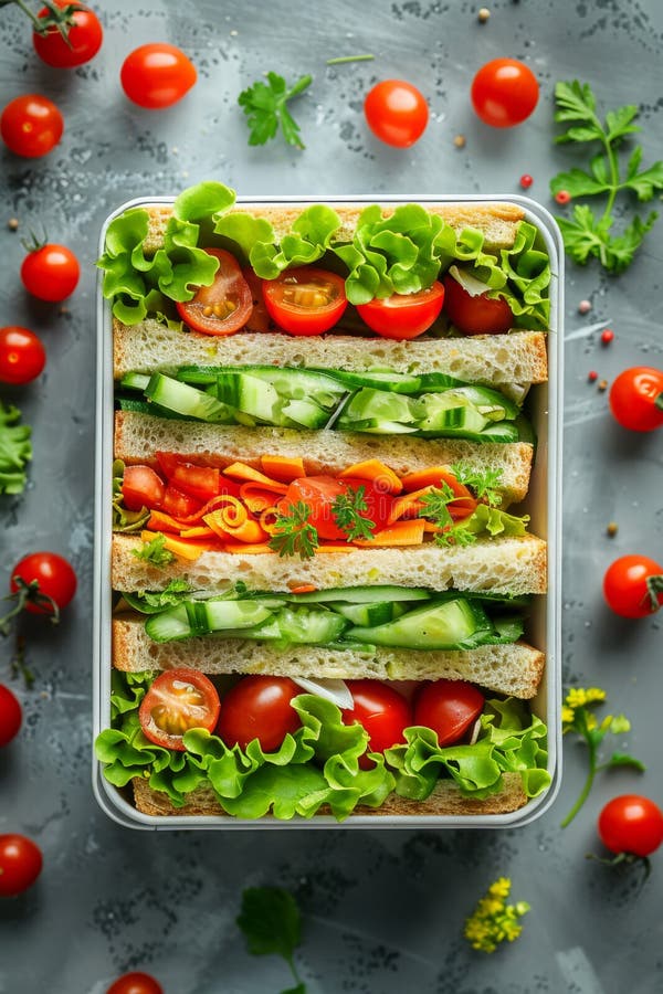 Top View of Lunch Box with Sandwich and Vegetables on White Background ...
