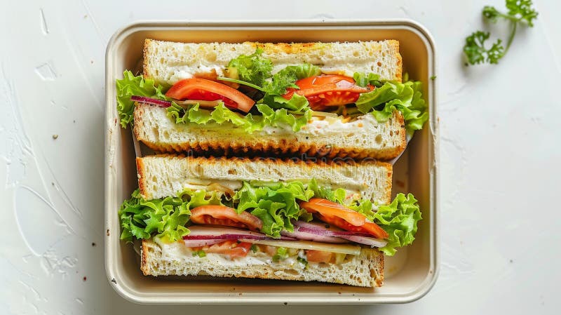 Top View of a Lunch Box with Sandwich and Vegetables on a White ...