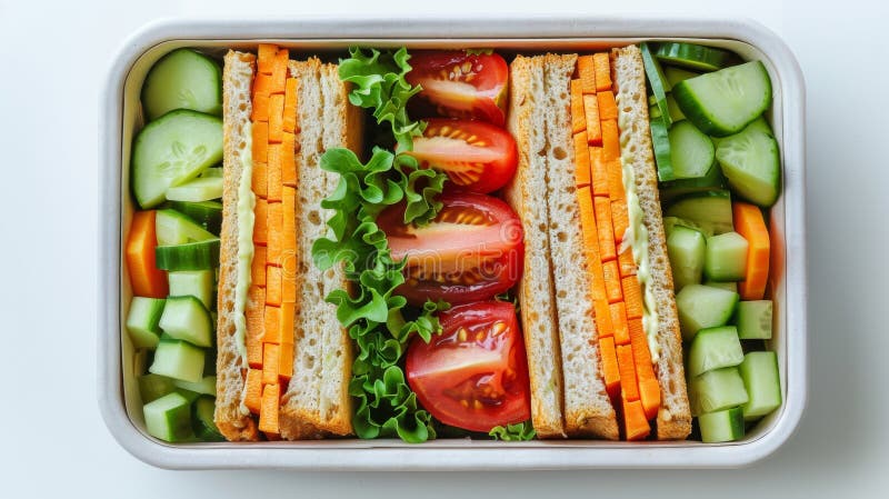 Top View of a Lunch Box with Sandwich, Veggies on a White Background ...