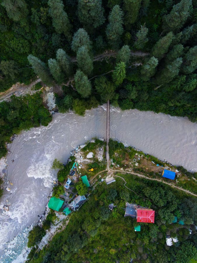 Top View of a Lush Forest with a Flowing River and Buildings Stock ...