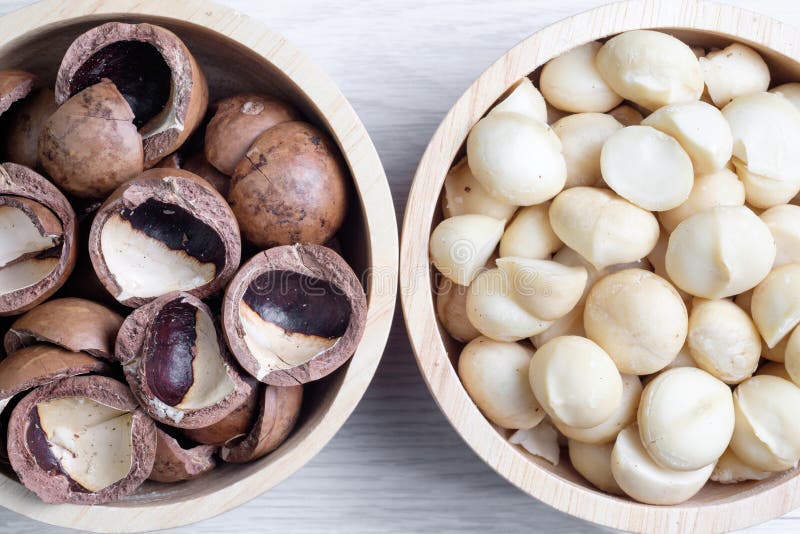 Top View Macadamia Nuts and Shell in Wooden Bowl Stock Photo - Image of ...