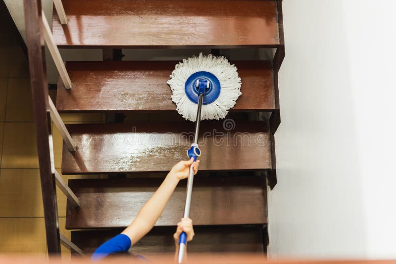 Top View Maid Cleaning Stair with Mop at Home. Stock Photo - Image of ...