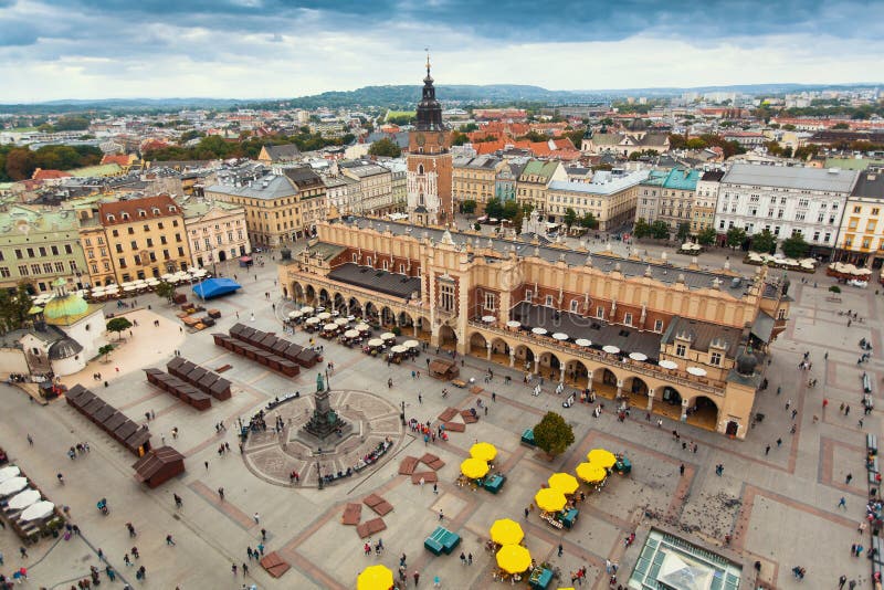 Top View of the Main Square of Krakow and the Cloth Hall and Monument ...