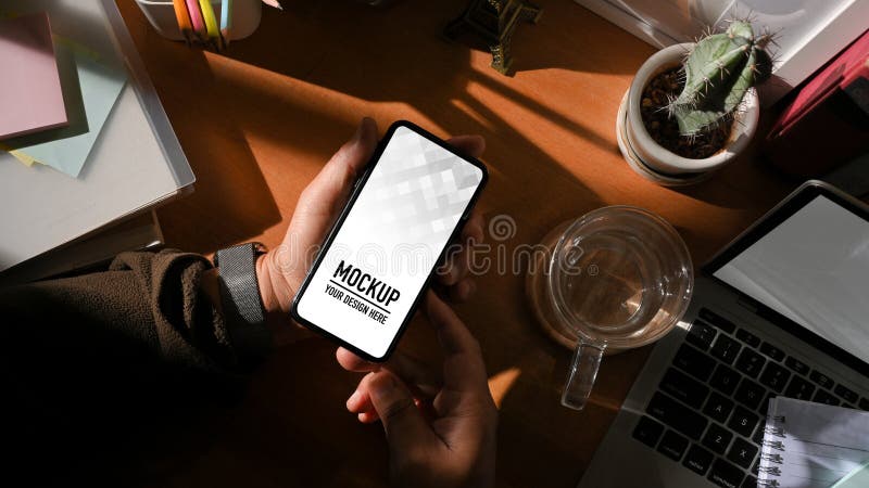Male Hands Showing Smartphone Include Clipping Path on Study Table ...