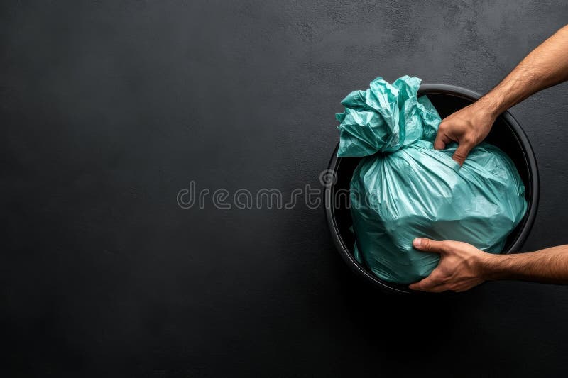 Top View of Male Hands Throwing Trash Bag into a Trash Can Over Black ...