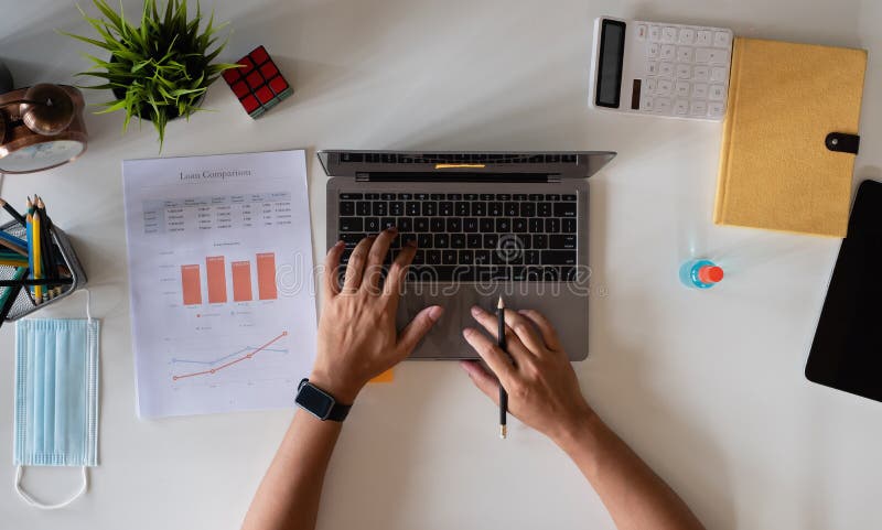 Top View of Males Hand Using Laptop Om Working Desk - Work from Home ...