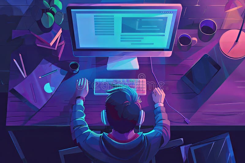 Person Working at Desk with Computer Stock Illustration - Illustration ...