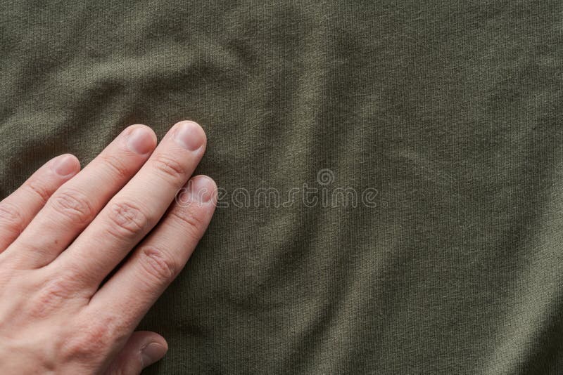 Top View Man Hand Touching Green Cotton Fabric Stock Image - Image of ...