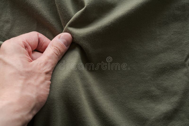 Top View Man Hand Touching Green Cotton Fabric Stock Image - Image of ...