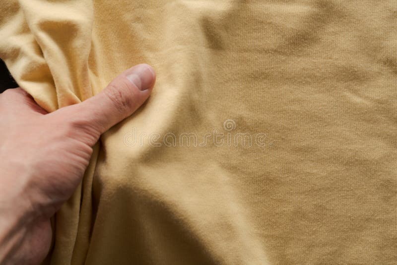 Top View Man Hand Touching Yellow Cotton Fabric Stock Photo - Image of ...
