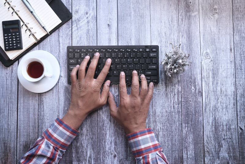 Top View of Man Hand Typing Keyboard on Office Desk Stock Photo - Image ...