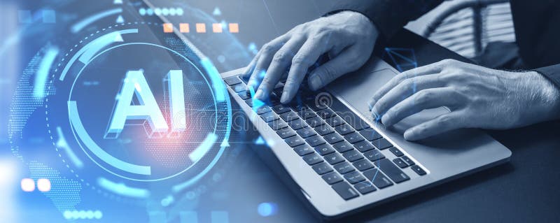 Top View of Man Hands Texting in Laptop, AI Hologram and Machine ...