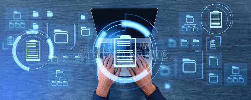 Top View of Man Typing on Laptop Keyboard, Document Management System ...