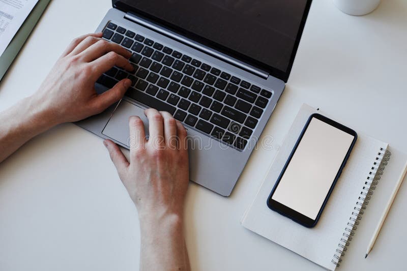 Top View of Man Using Laptop on Desk in Office Stock Image - Image of ...