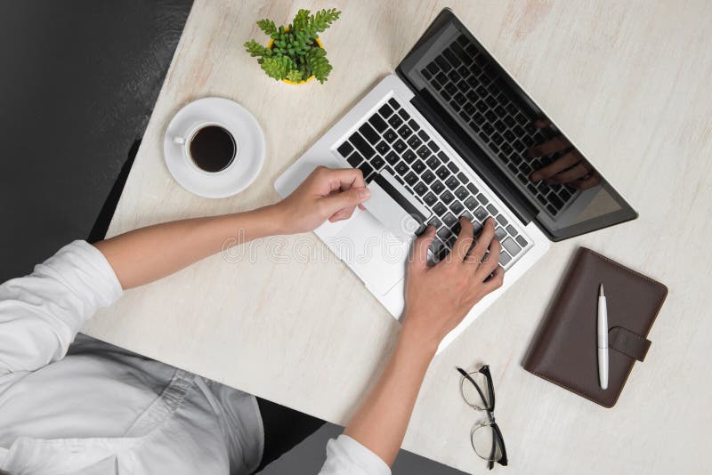 Top View of Man Using a Modern Portable Computer in Home Office Stock ...