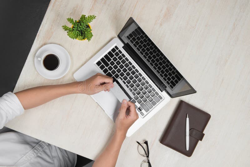Top View of Man Using a Modern Portable Computer in Home Office Stock ...