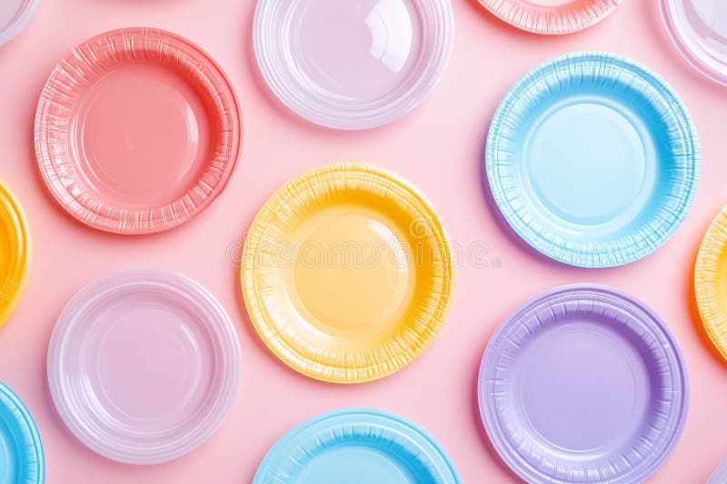 Top View of Many Colorful Disposable Plastic Plates. Single-use ...
