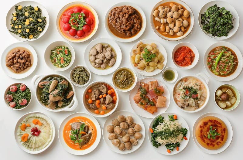 Top View of Many Plates on Dinner Dishes from Different Dishes Covered ...