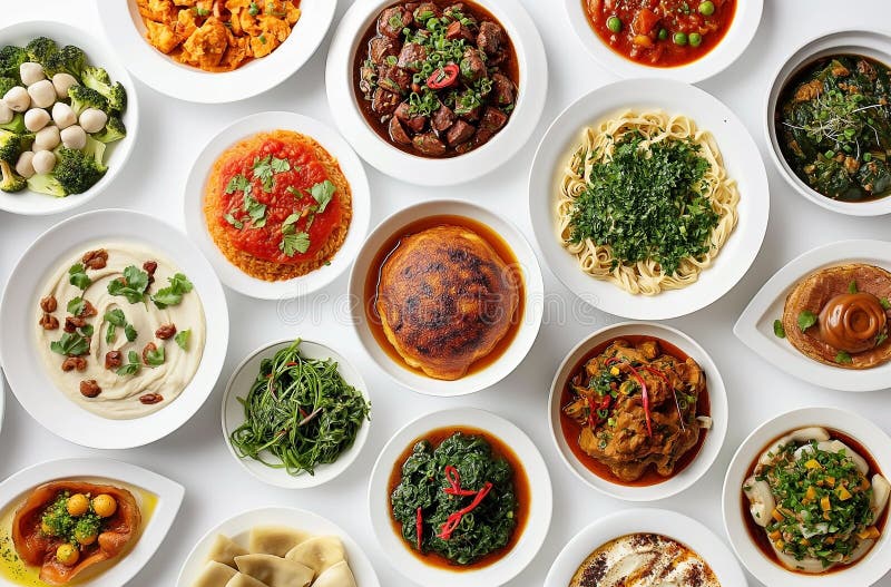 Top View of Many Plates on Dinner Dishes from Different Dishes Covered ...