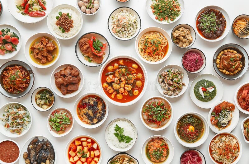 Top View of Many Plates on Dinner Dishes from Different Dishes Covered ...