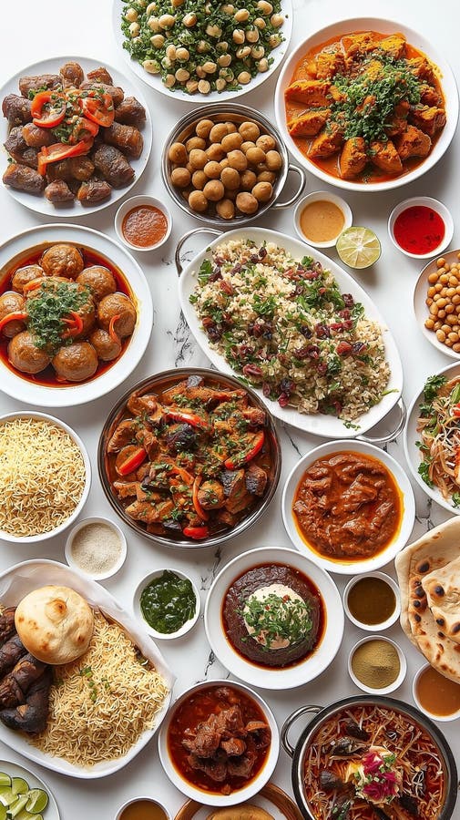 Top View of Many Plates on Dinner Dishes from Different Dishes Covered ...