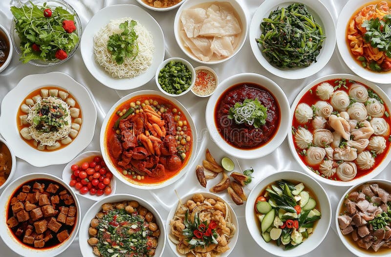 Top View of Many Plates on Dinner Dishes from Different Dishes Covered ...