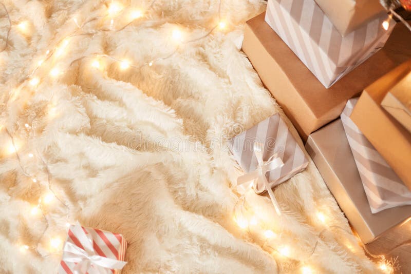 Top View of Many Present Boxes on Soft White Carpet on Floor Decorated ...