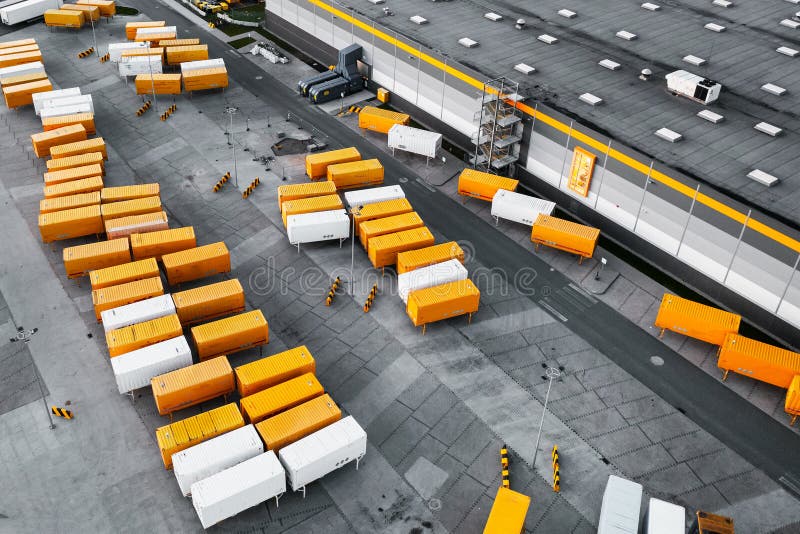 Top View of Many Trailers and Containers Near the Logistics Warehouse ...