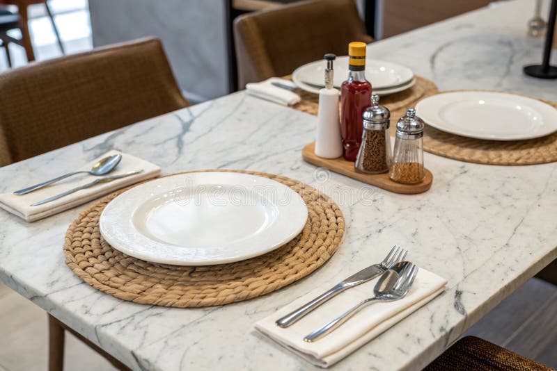 Top View of Marble Dining Table with White Plates and Silverware Stock ...