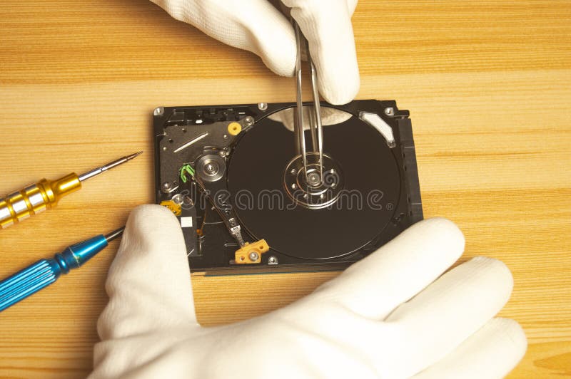 Top View of Mechanic Repairing Hard Drive Stock Photo - Image of inside ...