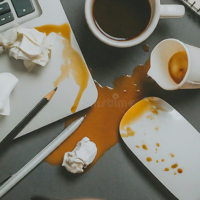 Top View of Messy Office Desk with Spilled Coffee, Cluttered Workplace ...