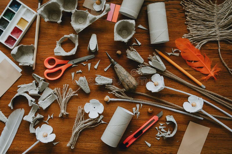 Top View of Messy Wooden Table with Tools for Craft Stock Image - Image ...