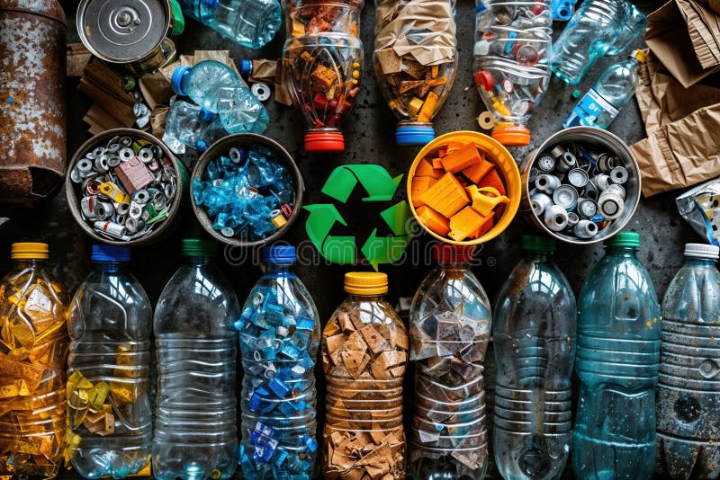 Top View of Mixed Recyclable Materials Featuring Earth Recycling Symbol ...