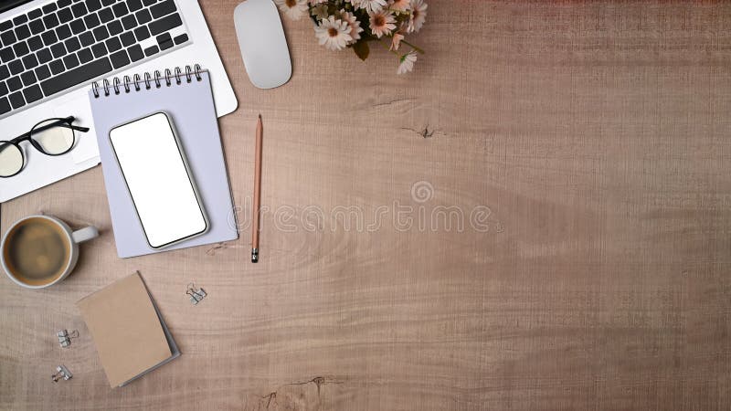 Top View Smart Phone, Notebook and Laptop Computer on Wooden Table ...