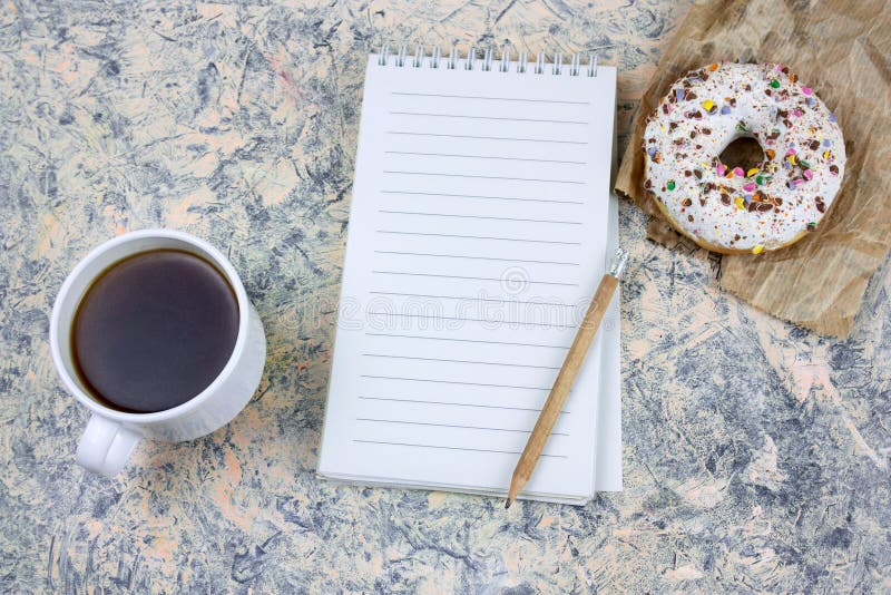 Mock Up Notebook with Blank White Paper Sheet ,coffee Cup and Donut ...