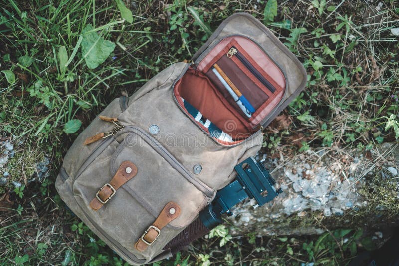 Top View of a Modern Backpack with a Camera in it on the Ground Stock ...