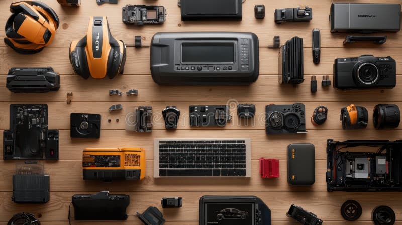 Top View of Modern Electronic Gadgets Spread on Wooden Surface Stock ...