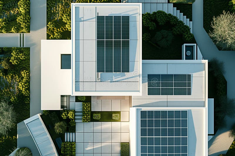 Top View of a Modern Family Home with Flat Rooftop and Solar Panels. by ...