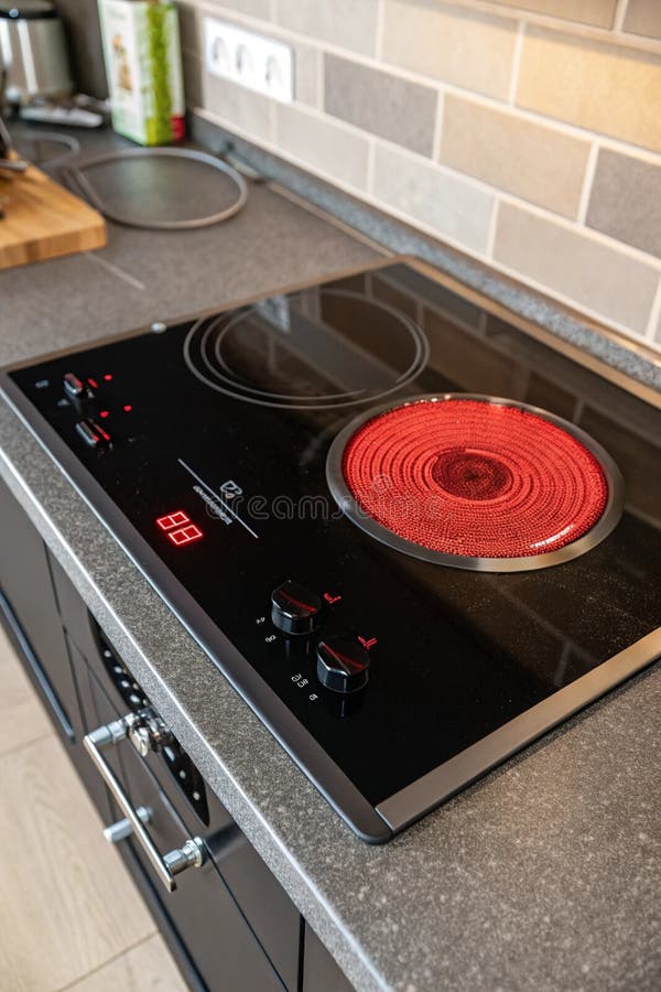 Top View of Glass Ceramic Hob with Red Hot Burner and Control Panel ...